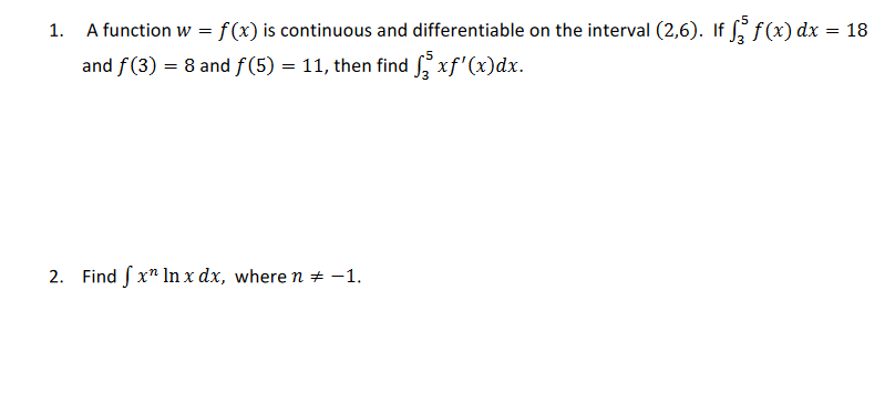Solved 1. A function w=f(x) is continuous and differentiable | Chegg.com