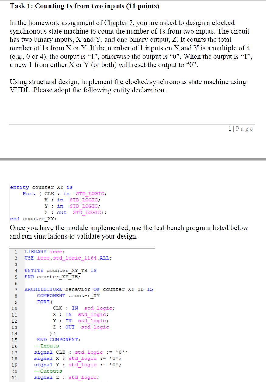 Task 1: Counting 1s from two inputs (11 points) In | Chegg.com