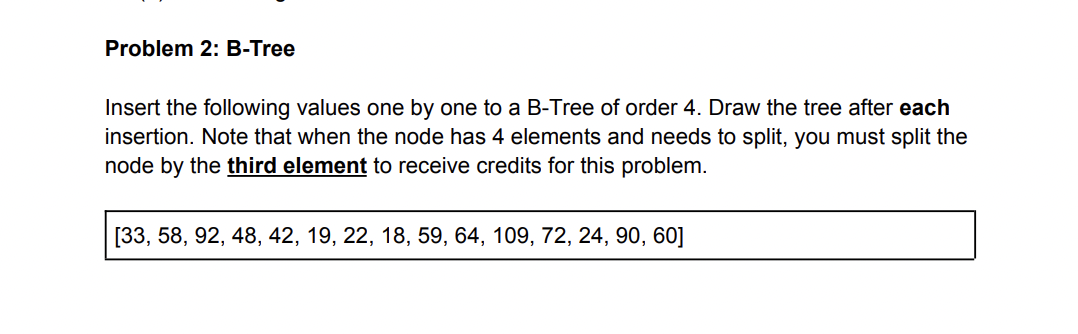 Solved Problem 2: B-Tree Insert the following values one by | Chegg.com