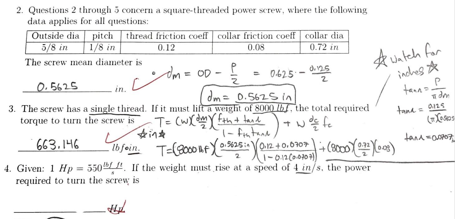 Solved O 2. Questions 2 through 5 concern a square-threaded | Chegg.com