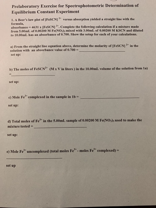 Solved Prelaboratory Exercise for Spectrophotometric | Chegg.com