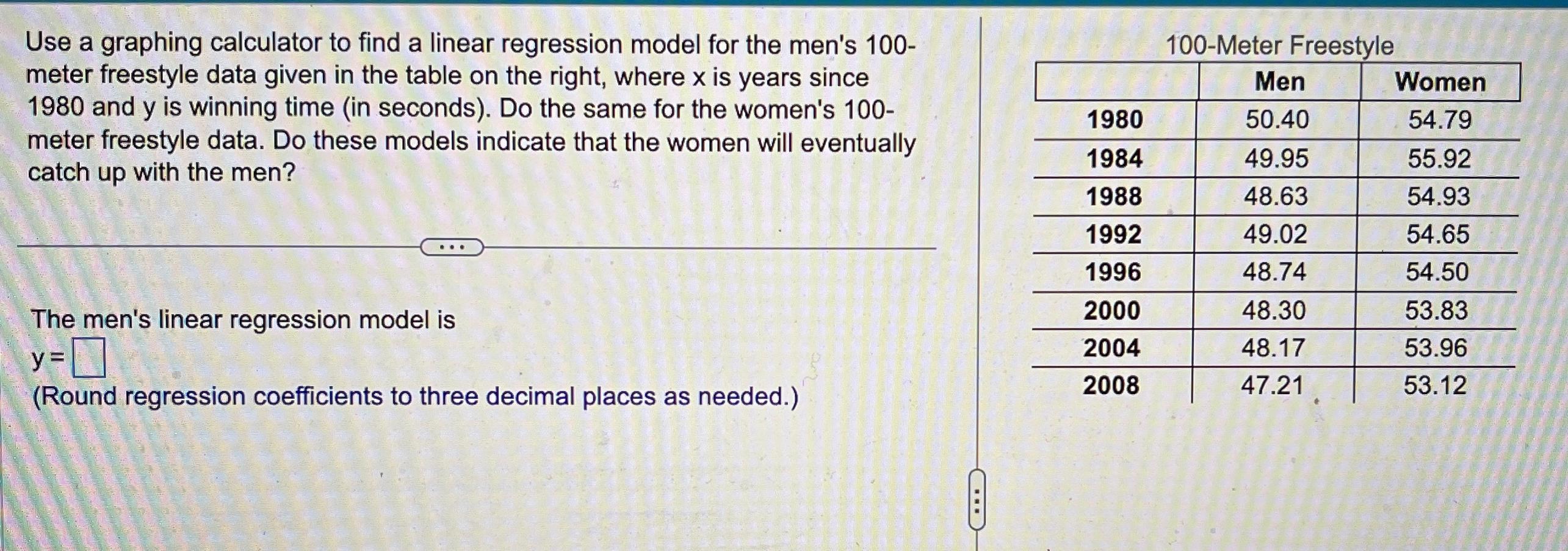 Solved Use a graphing calculator to find a linear regression | Chegg.com