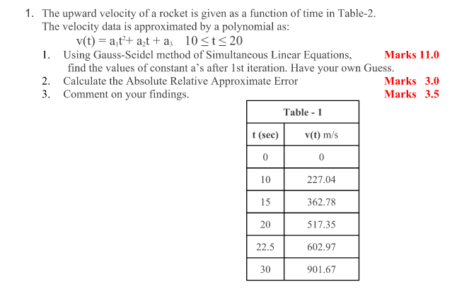 Solved 1. The upward velocity of a rocket is given as a | Chegg.com