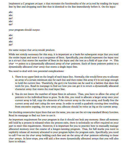 Solved Implement a C program unique.c that recreates the | Chegg.com