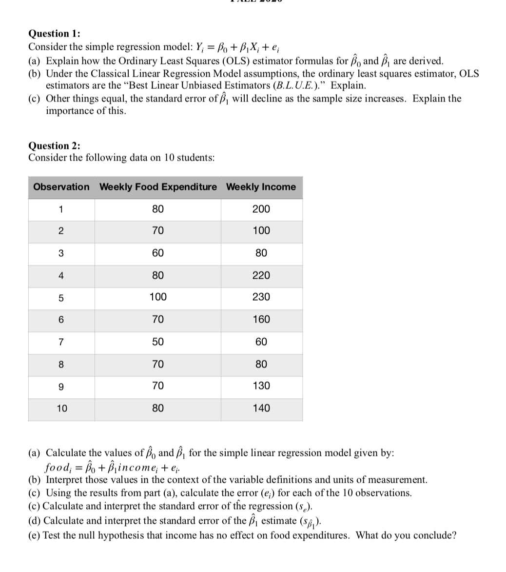 Question 1 Consider The Simple Regression Model Y 