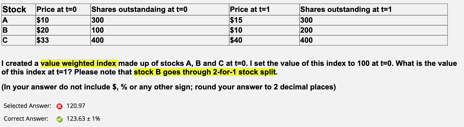 Solved I created a value weighted index made up of stocks | Chegg.com