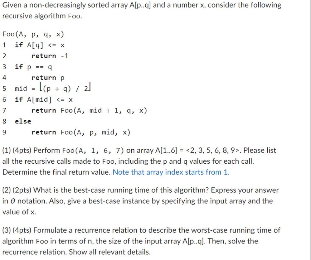Solved Given a non-decreasingly sorted array A[p..q] ﻿and a | Chegg.com