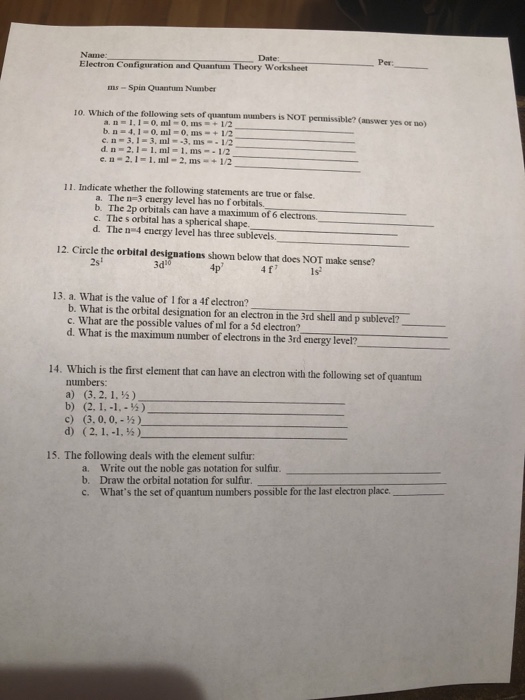 Solved Date: Per Name: Electron Configuration and Quantin | Chegg.com