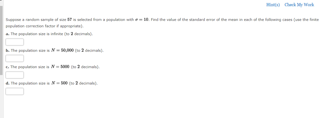 Solved Hint(s) Check My Work Suppose a random sample of size | Chegg.com