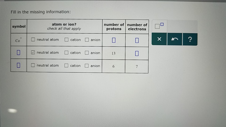 Solved Fill in the missing information: atom or ion? check | Chegg.com