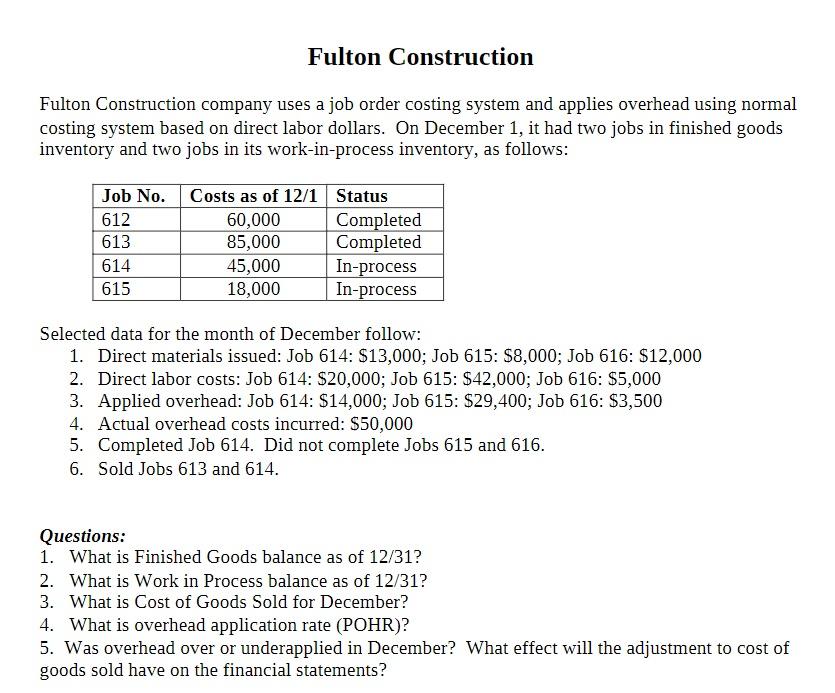 Solved Fulton Construction Fulton Construction company uses | Chegg.com
