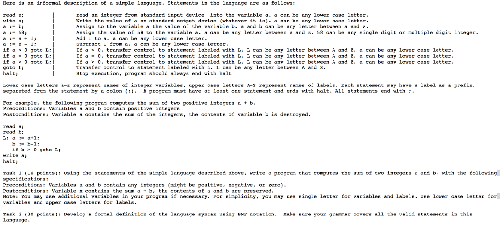 Solved Here is an informal description of a simple language. | Chegg.com