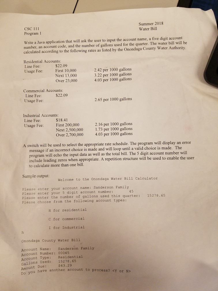Solved CSC 111 Program 1 Summer 2018 Water Bill Write a Java | Chegg.com