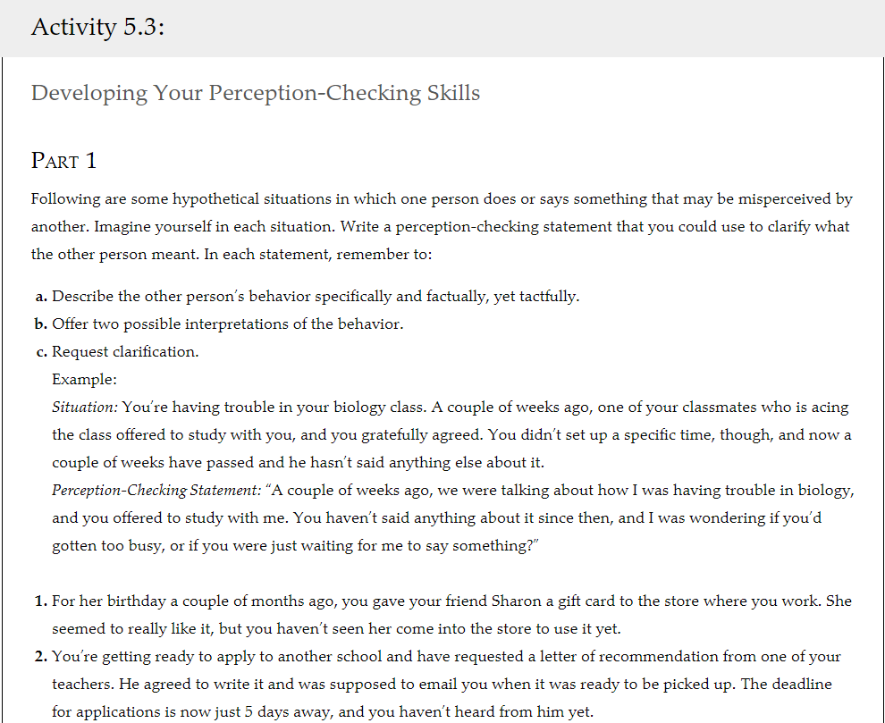 Solved Activity 5.3: Developing Your Perception-Checking | Chegg.com