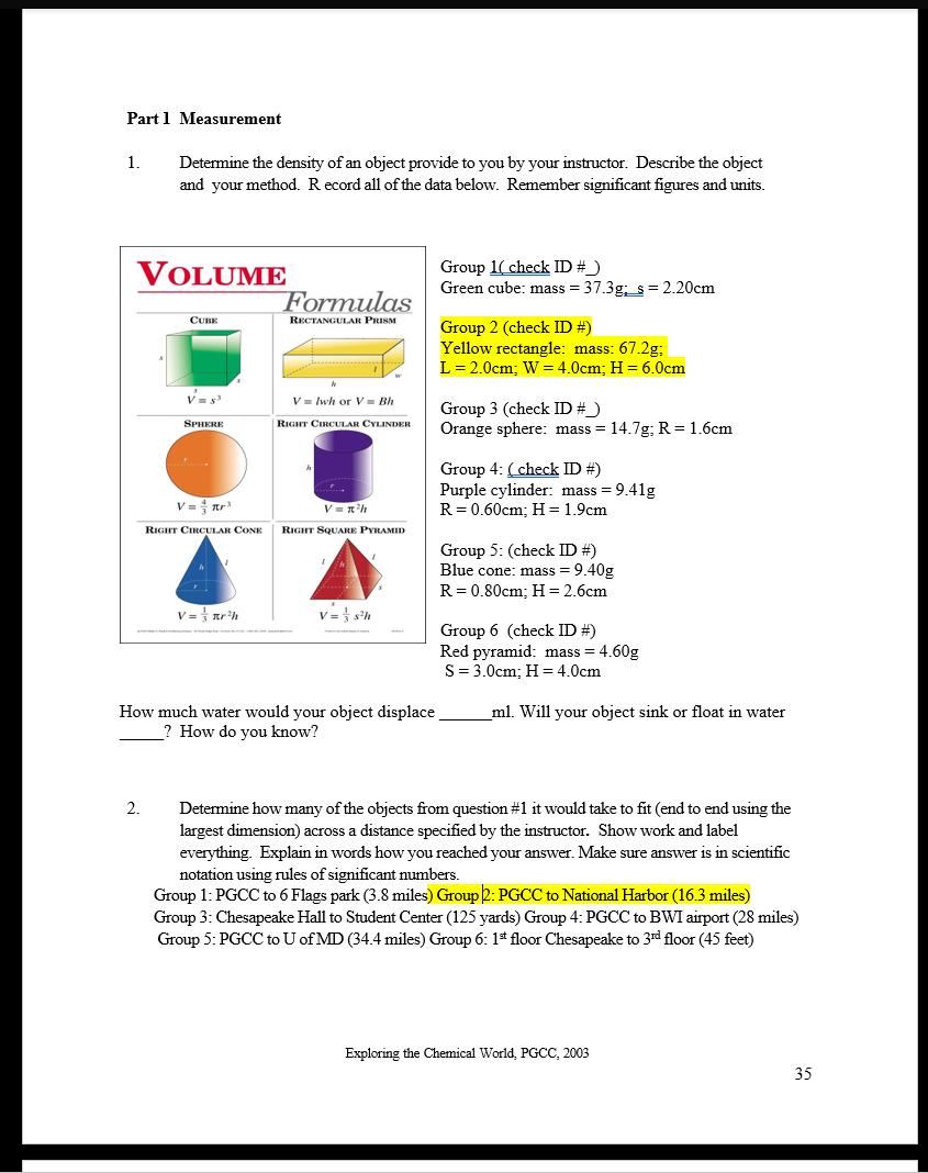 Solved Part 1 Measurement 1. Determine the density of an | Chegg.com