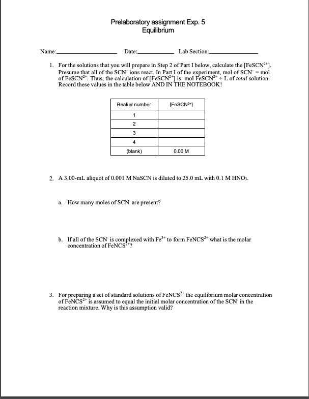 Solved Prelaboratory assignment Exp. 5 Equilibrium Name: | Chegg.com Solved Prelaboratory assignment Exp. 5 Equilibrium Name: | Chegg.com
