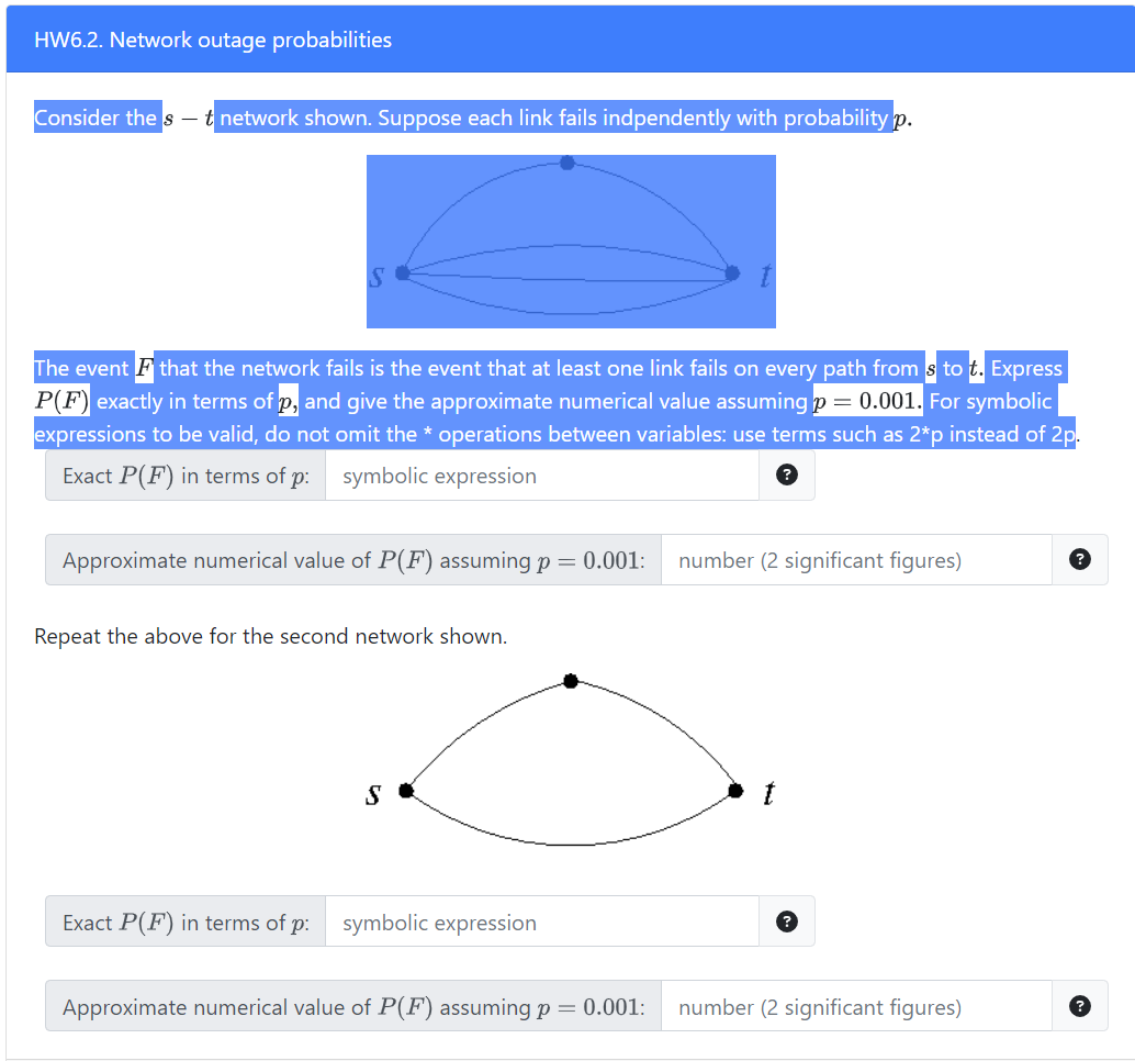 Solved HW6.2. Network outage probabilities s−t network | Chegg.com