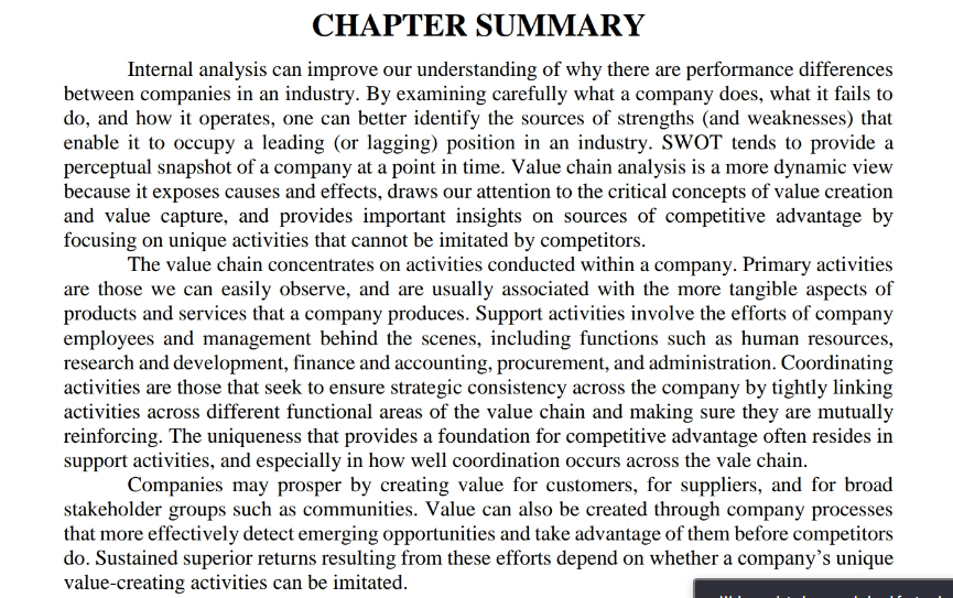 CHAPTER SUMMARY Internal analysis can improve our | Chegg.com