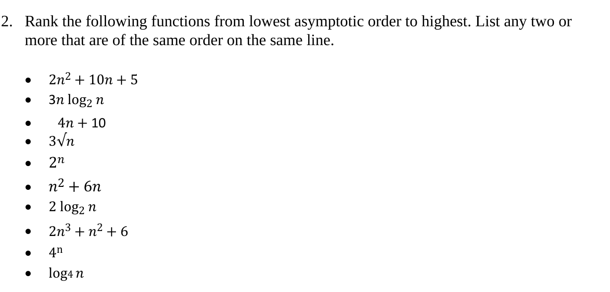 Solved 2. Rank the following functions from lowest | Chegg.com
