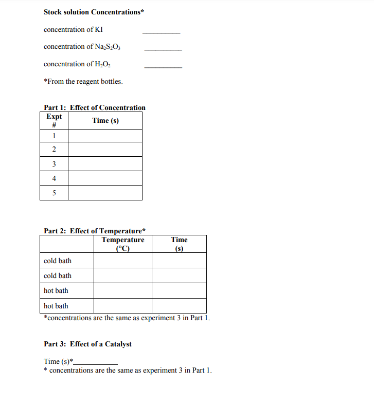 Stock solution Concentrations* concentration of KI | Chegg.com
