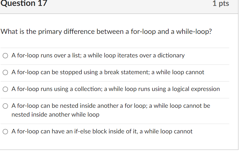 Solved Question 17 1 pts What is the primary difference | Chegg.com