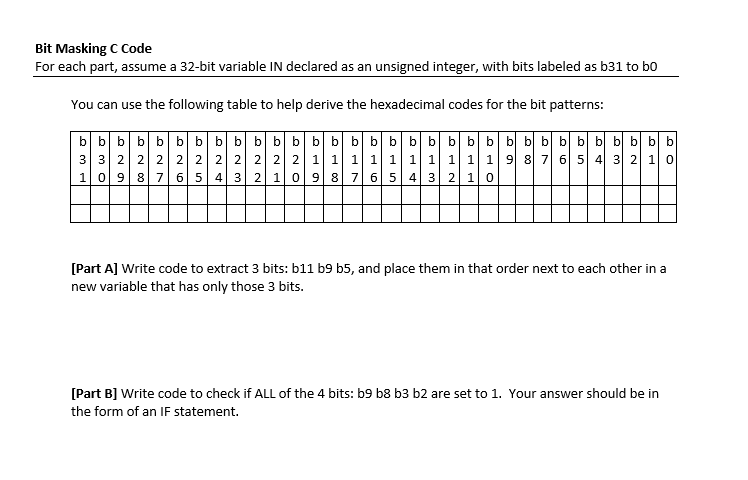 Solved Bit Masking C Code For each part, assume a 32-bit | Chegg.com
