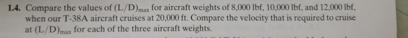Solved 1.4. Compare the values of (L/D)max for aircraft | Chegg.com