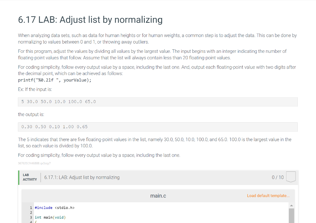 Solved 6.17 LAB: Adjust list by normalizing When analyzing | Chegg.com