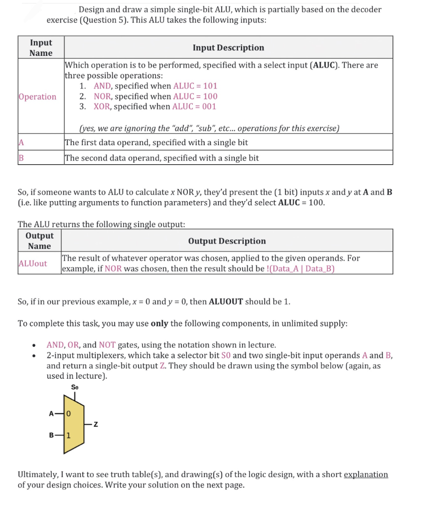 Solved Design and draw a simple single-bit ALU, which is | Chegg.com