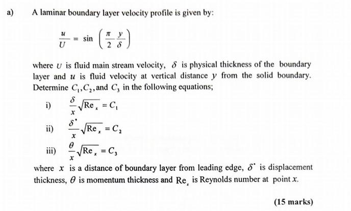 Solved a) A laminar boundary layer velocity profile is given | Chegg.com