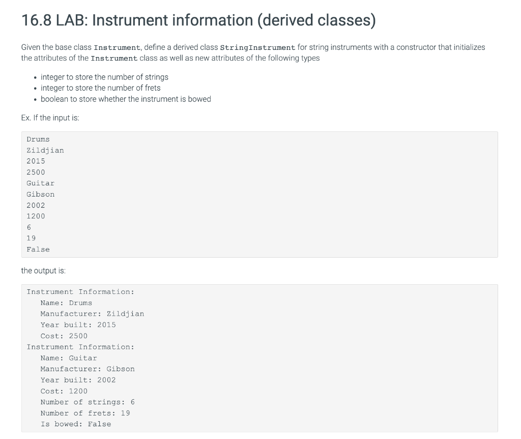 Solved Given the base class Instrument, define a derived | Chegg.com