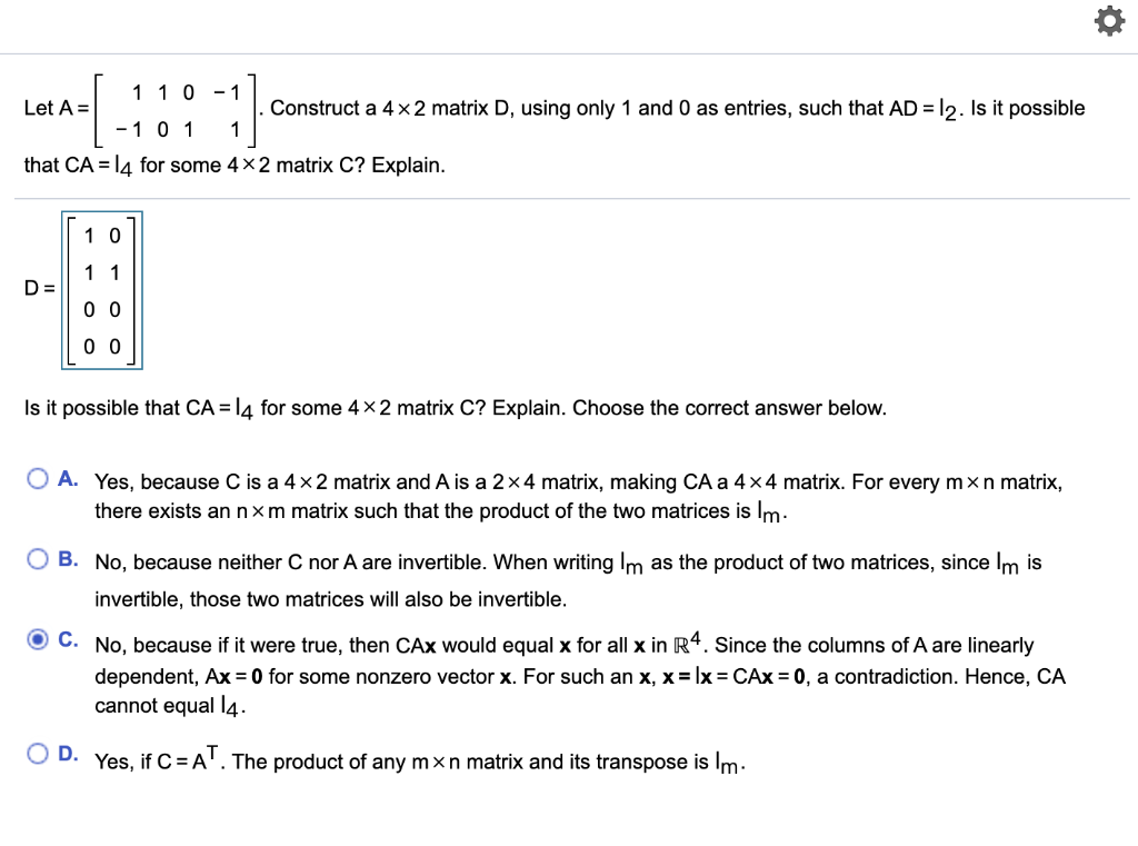 Solved 1 1 0 - 1 Let A= Construct a 4 x 2 matrix D, using | Chegg.com