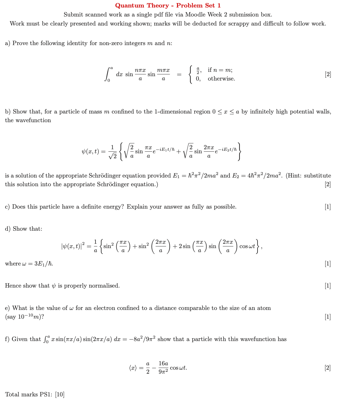 Solved Quantum Theory - Problem Set 1 Submit scanned work as | Chegg.com