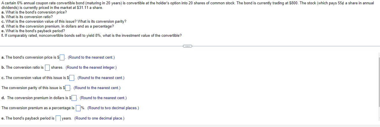 Solved A certain 6% annual coupon rate convertible bond | Chegg.com