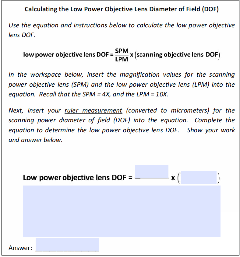 Calculating the Low Power Objective Lens Diameter of | Chegg.com