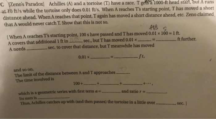 Solved C Zeno's Paradox] Achilles (A) and a tortoise (T) | Chegg.com