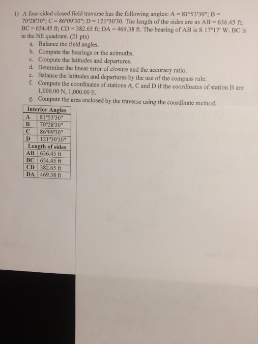 Solved A four-sided closed field traverse has the following | Chegg.com