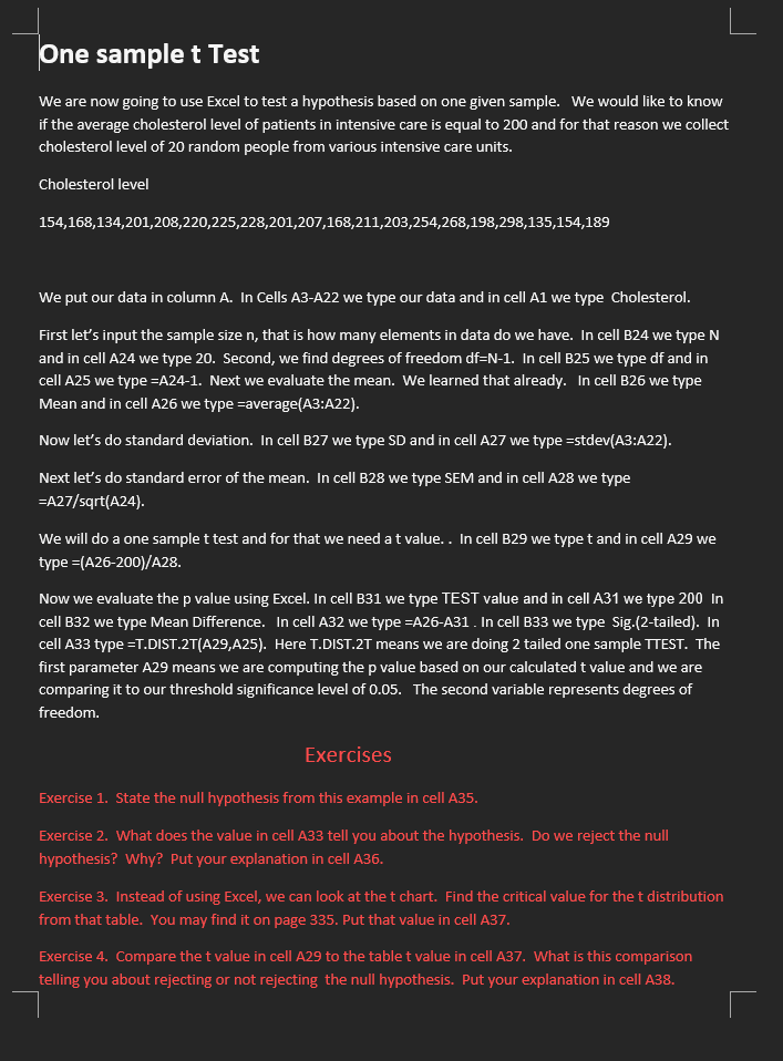 Solved One Sample T Test We Are Now Going To Use Excel To Chegg