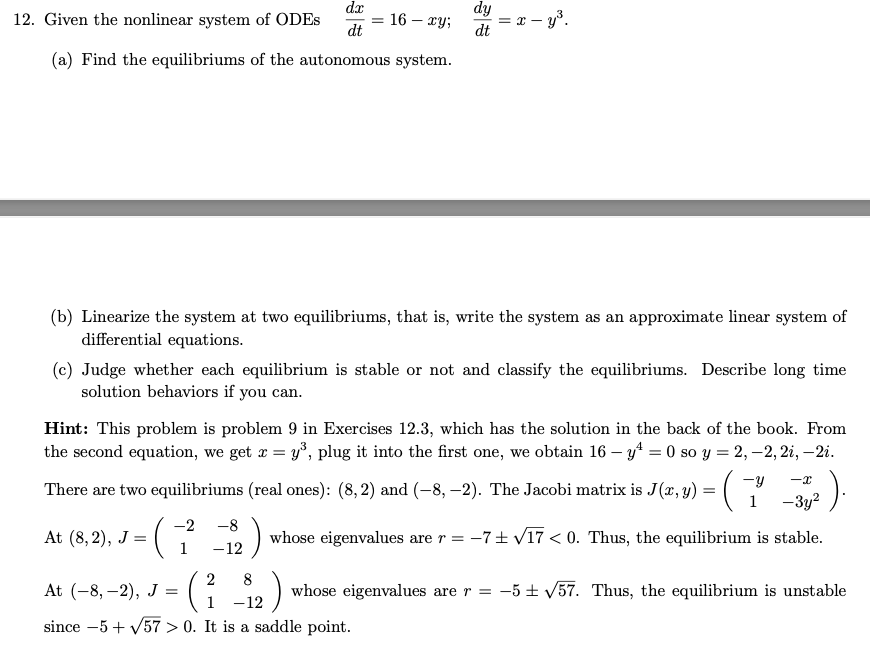 Solved 12. Given the nonlinear system of ODEs | Chegg.com