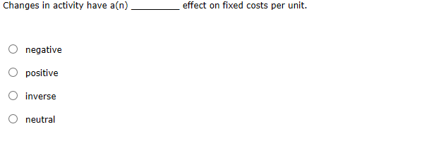 Solved Changes in activity have an) effect on fixed costs | Chegg.com