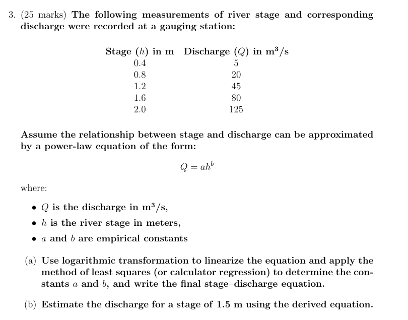 Solved 3. (25 ﻿marks) ﻿The following measurements of river | Chegg.com