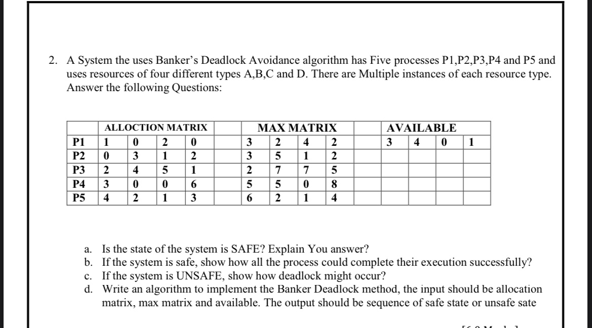 Solved A System the uses Banker's Deadlock Avoidance | Chegg.com