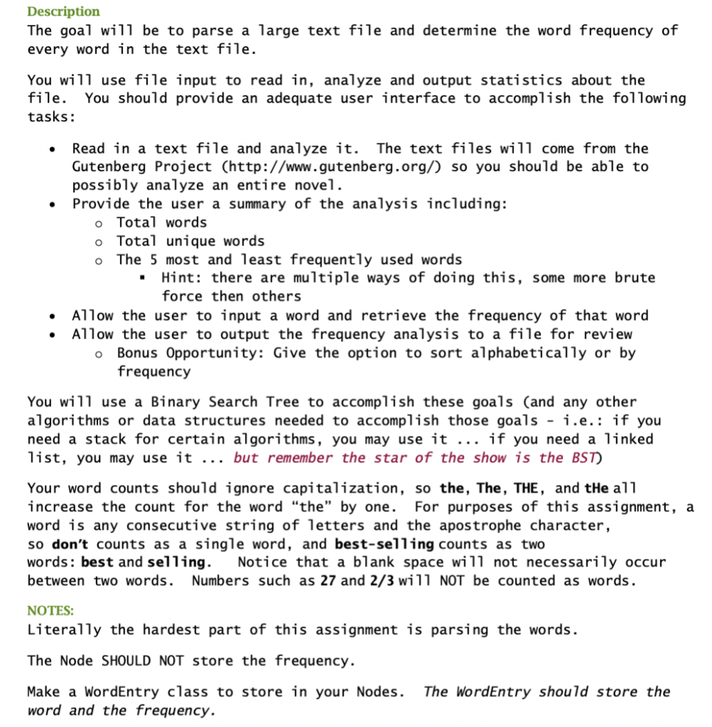 Solved Word Frequency Analysis - Binary Search Tree You will | Chegg.com