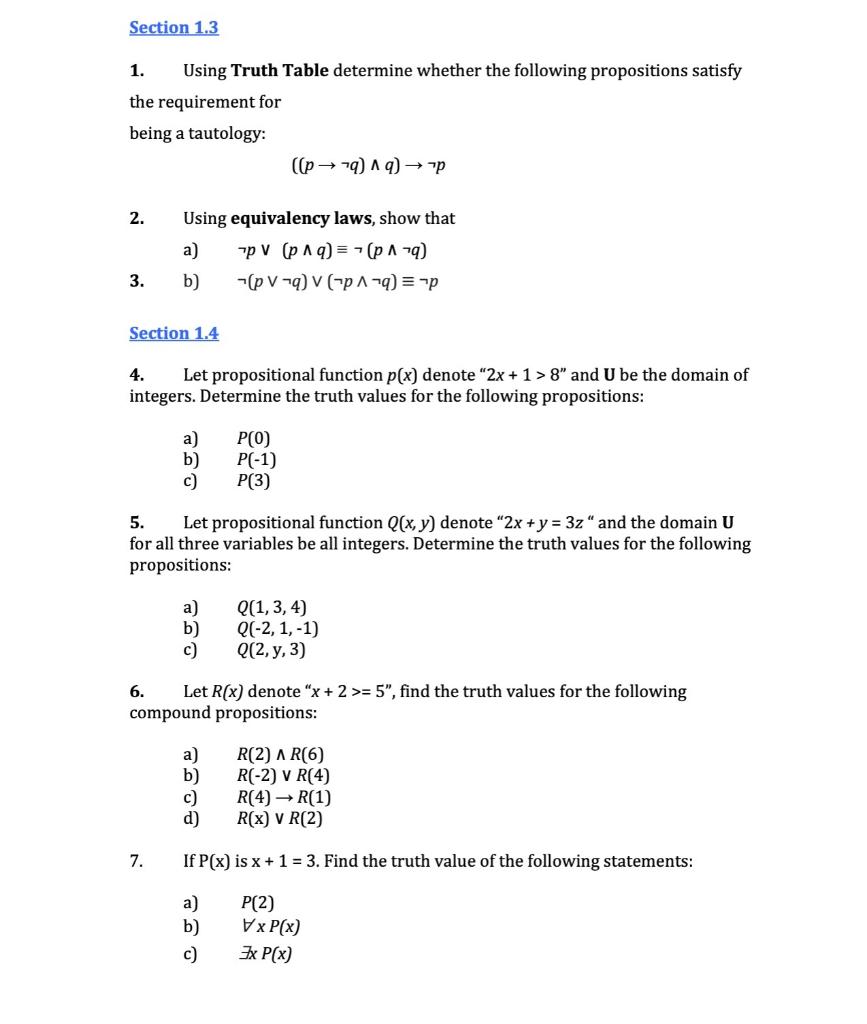 Solved Section 1.3 1. Using Truth Table determine whether | Chegg.com