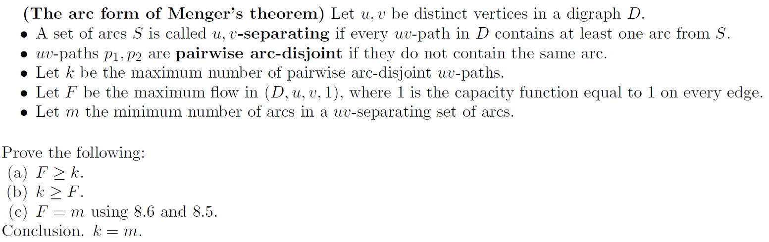 (The arc form of Menger's theorem) Let u, v be | Chegg.com
