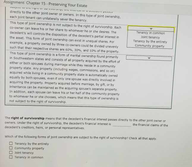 Solved Back to Assignment Attempts 6. Joint ownership There | Chegg.com