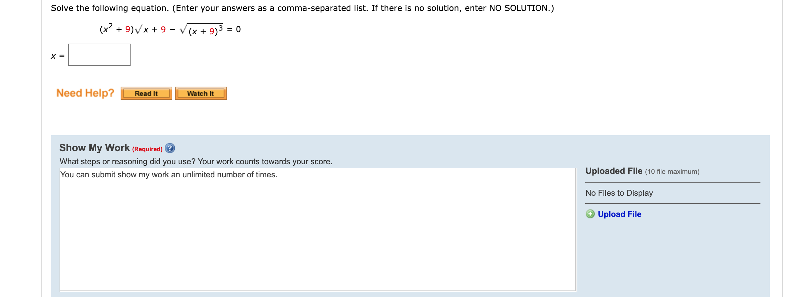 Solved (x2+9)x+9−(x+9)3=0 x= Show My Work (Required) (?) | Chegg.com