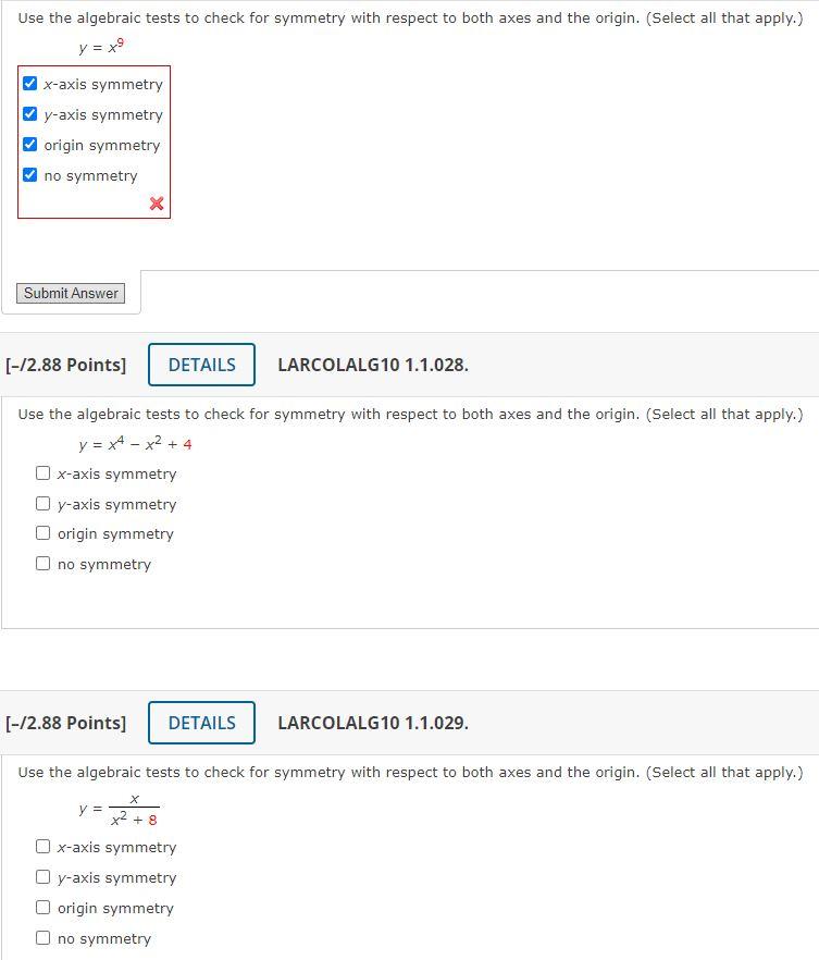 Solved Use the algebraic tests to check for symmetry with | Chegg.com
