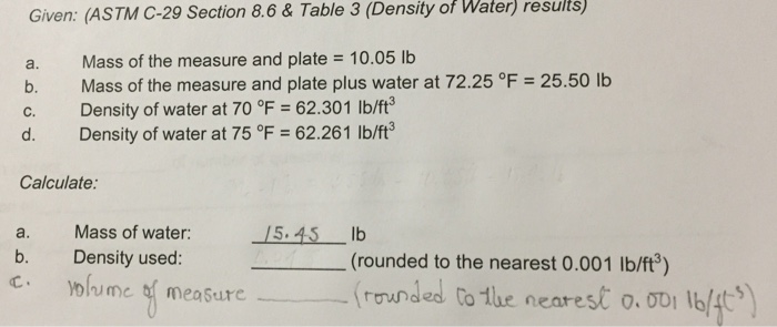 Solved Given: (ASTM C-29 Section 8.6 & Table 3 (Density of | Chegg.com