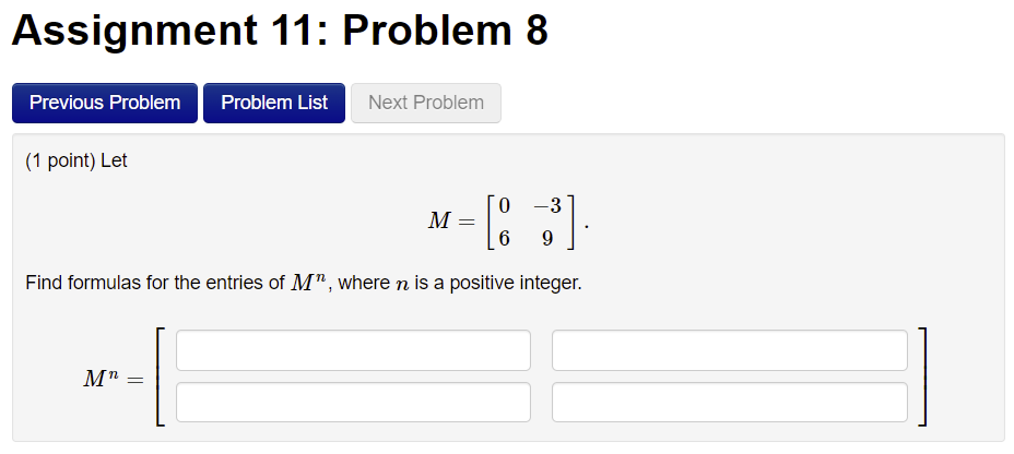Solved Assignment 11 Problem 8 Previous Problem Problem 
